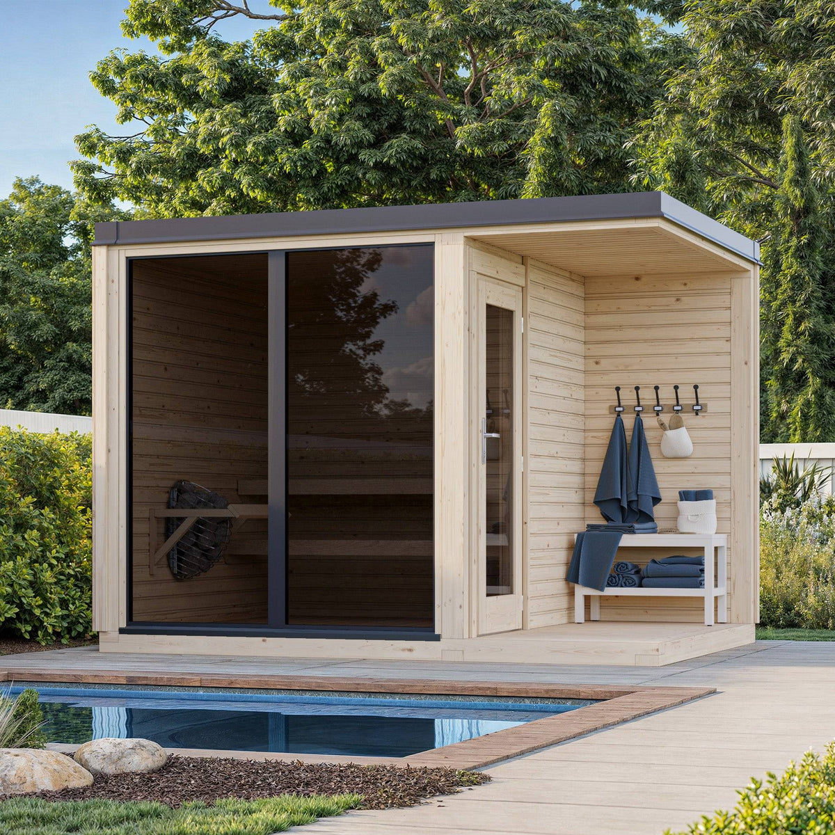 Sarah Sauna (3,2x2,2m | 3,8m2 | 16mm) Modern Garden Sauna with Tinted