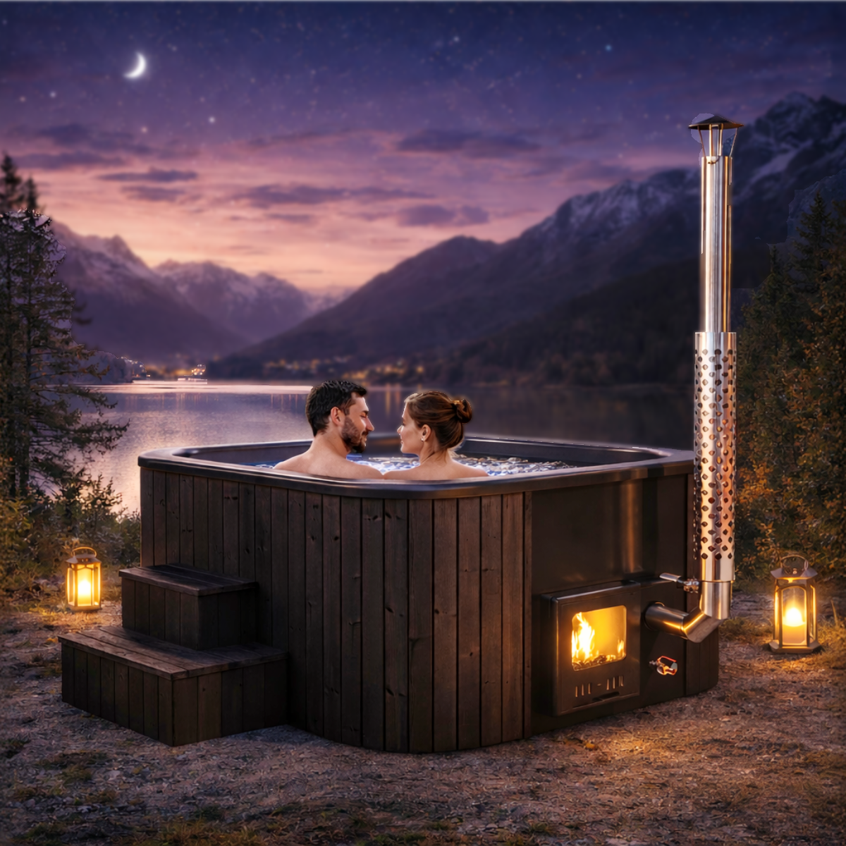 Elden Blackline (d200cm | 6-Person) Square Wood-Heated Outdoor Hot Tub